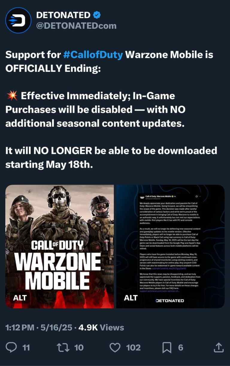 Warzone Mobile Shuts Down After A Year, No More Support Planned - Detonated